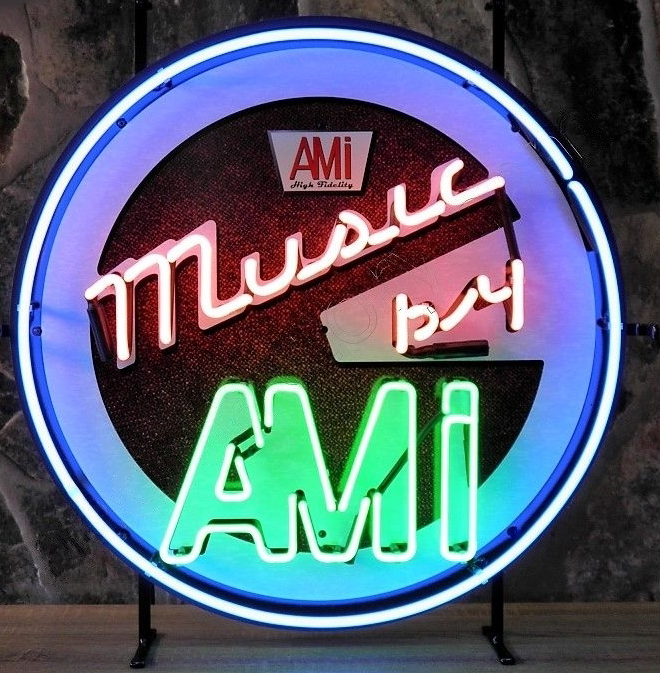 Music by AMI neon with a colour printed background - Jukebox Revival