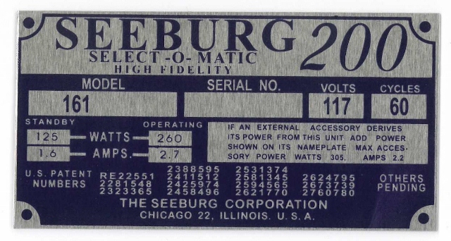 Seeburg identification plate horizontal model - Jukebox Revival